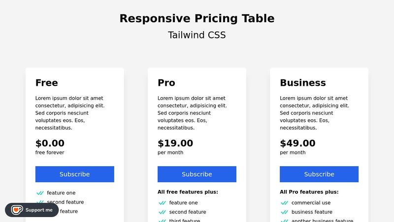 Responsive Pricing Table - Tailwind CSS