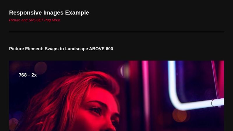 Responsive Images Example - Picture and SRCSET Pug Mixin Updated