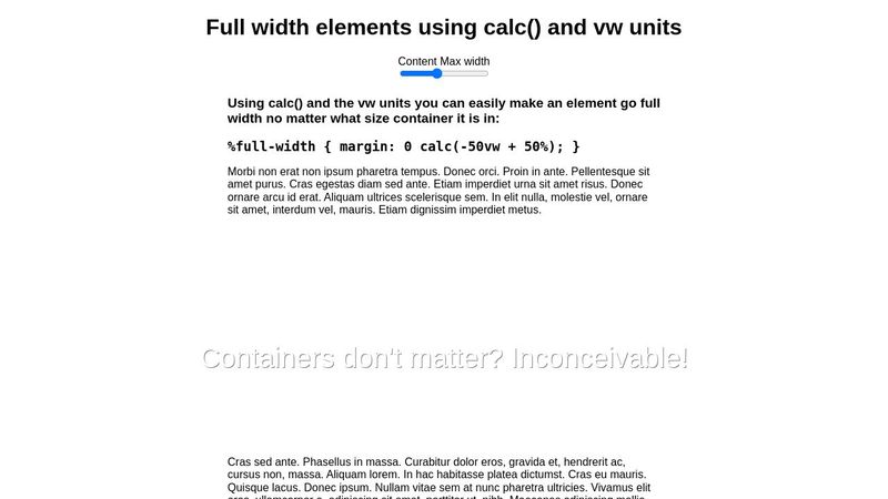 Full width elements using calc() and vw units