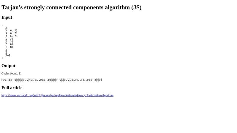 JavaScript implementation of Tarjan's strongly connected components algorithm
