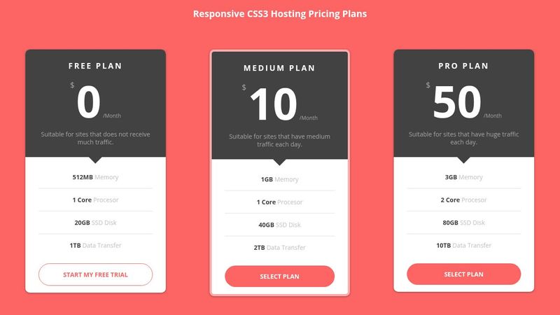 Responsive Css3 Hosting Pricing Plans