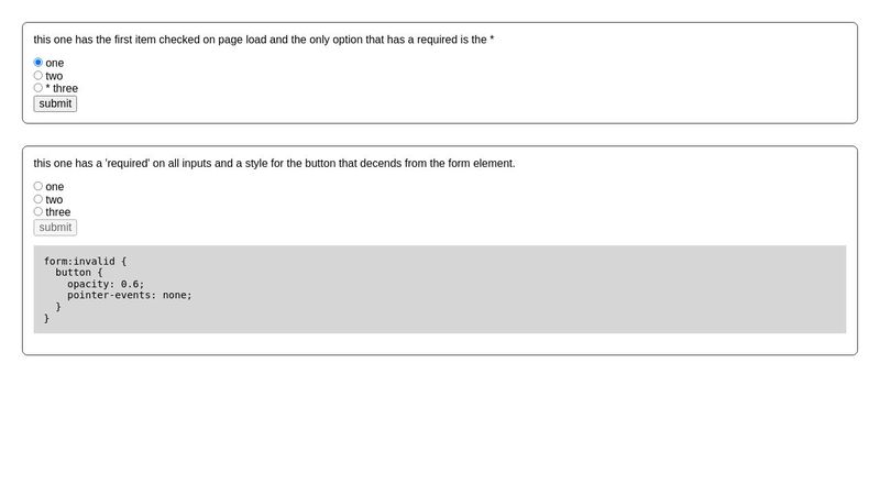 HTML/CSS only form/radio button validation demo