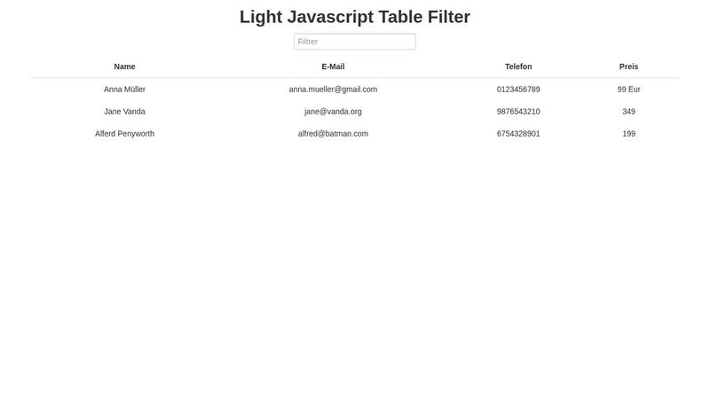 Light Javascript Table Filter