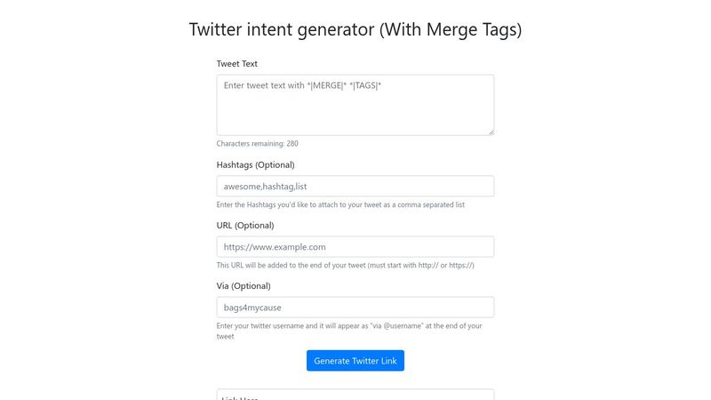 Twitter intent generator (W/ Merge Tags)