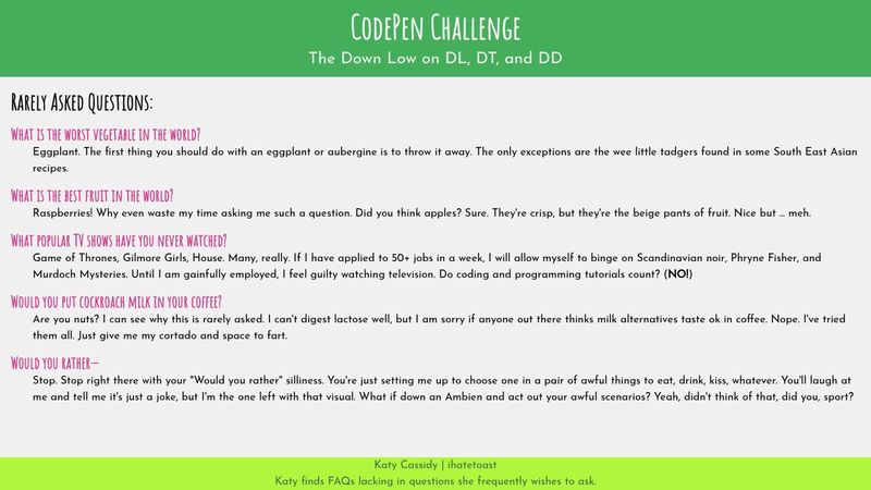 CodePen Challenge: DL, DT, DD