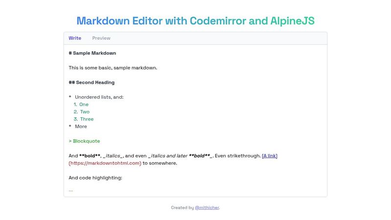 Markdown Editor with Codemirror and AlpineJS
