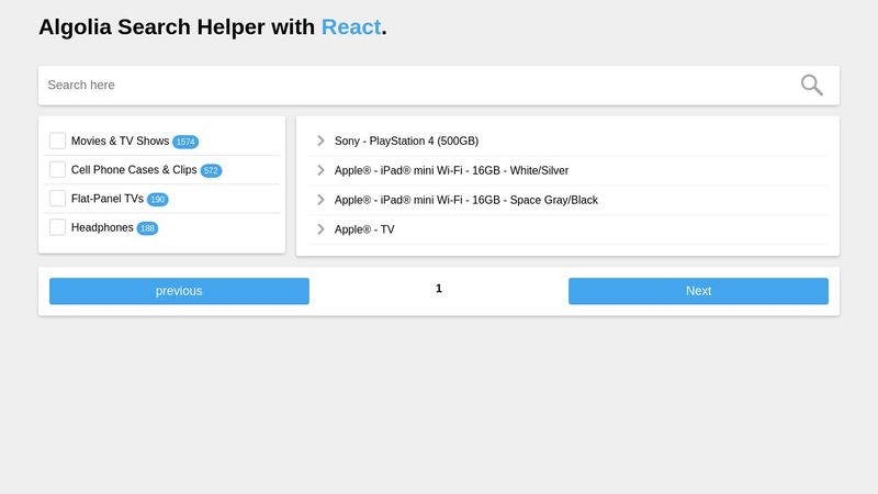 Example using React with Algolia Search JavaScript Helper