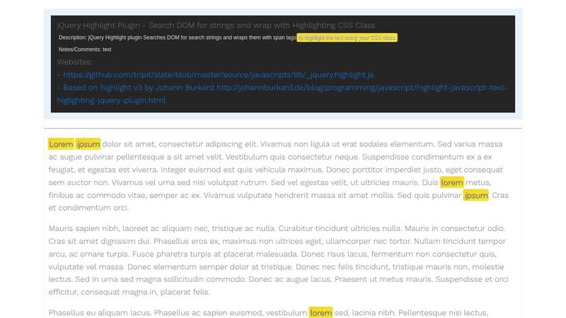 jQuery Highlight Plugin - Search DOM for strings and wrap with Highlighting CSS Class