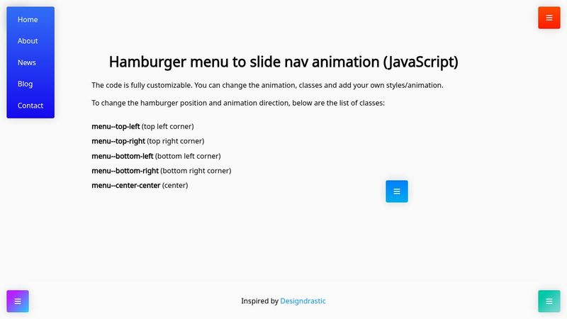 Hamburger menu to slide nav animation Javascript