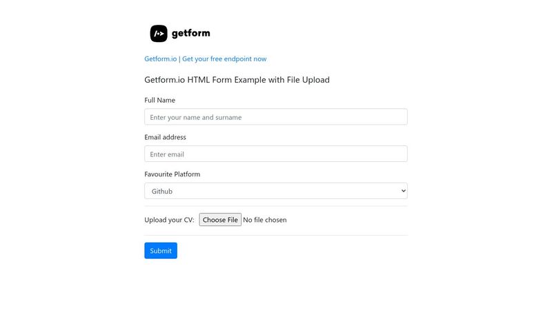 Getform.io HTML Form Example with File Upload