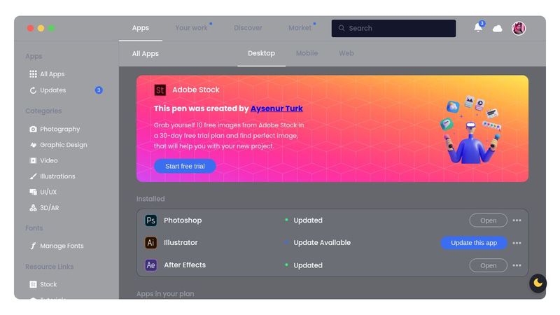 CodePen Home Glassmorphism Creative Cloud App Redesign