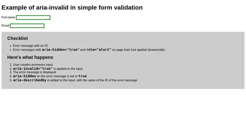 Example of using aria-invalid in simple form validation
