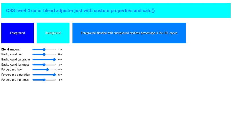 CSS level 4 color blend adjuster with just custom properties and calc()