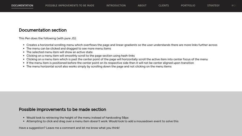 ES6 smooth page scroll with centred horizontal sticky menu