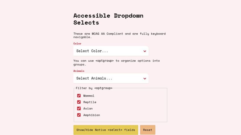 Accessible Dropdown Select (single, multiple, grouping, filtering)