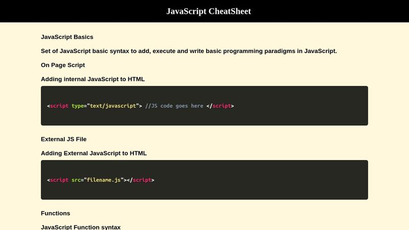 Javascript Cheatsheet Using Html Css And Js Responsive Site