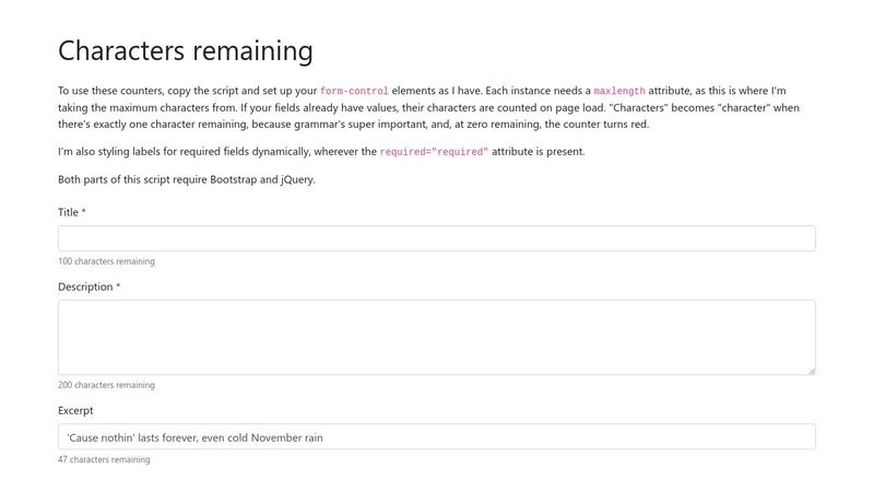 Characters remaining (Bootstrap + jQuery)