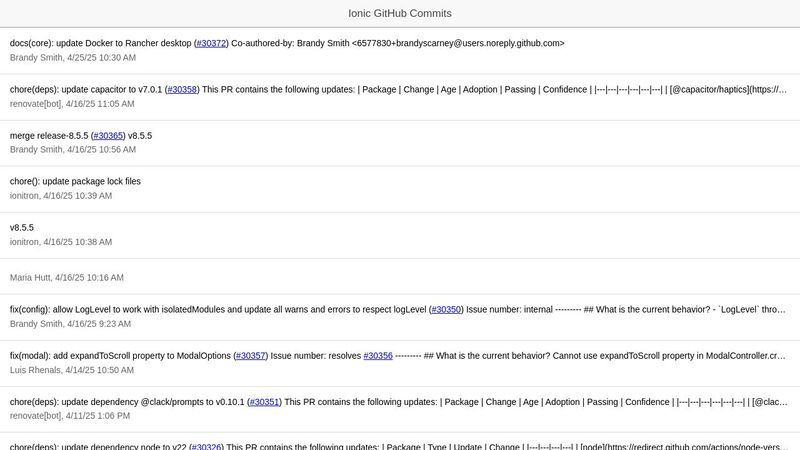 Ionic Infinite Scroll showing Github Commits