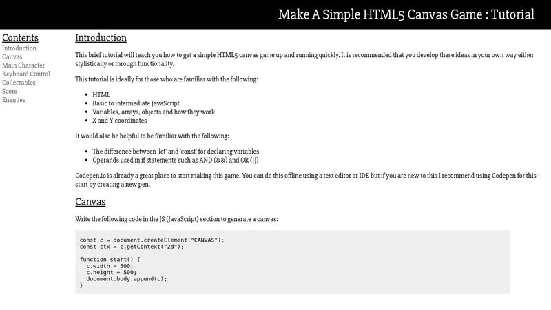 Make A Simple HTML5 Canvas Game : Technical Documentation Page