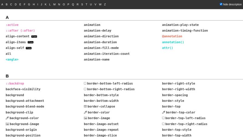 MDN CSS reference list