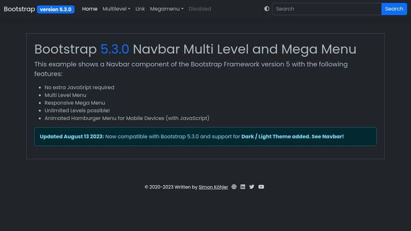 Bootstrap 5.3.0 Navbar Multi Level and Mega Menu