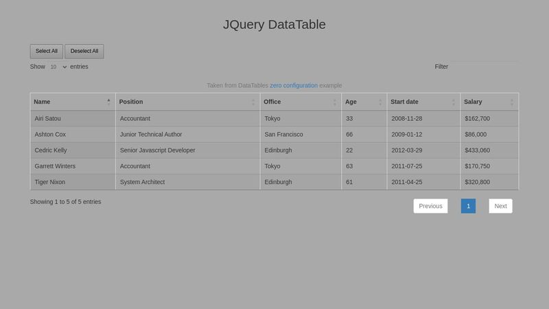 JQuery DataTables Env