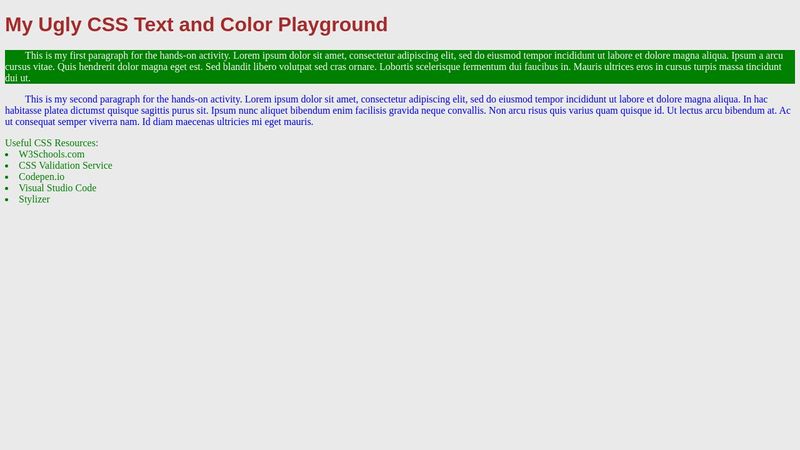 My Ugly CSS Text and Color Playground