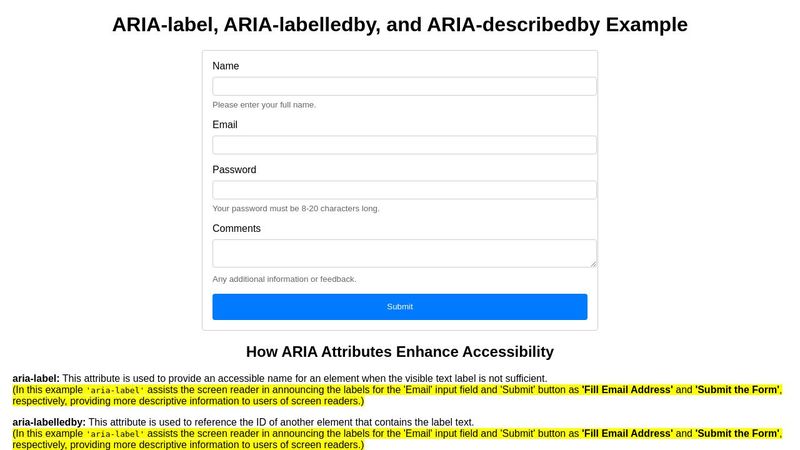 ARIA-label, ARIA-labelledby, and ARIA-describedby Example