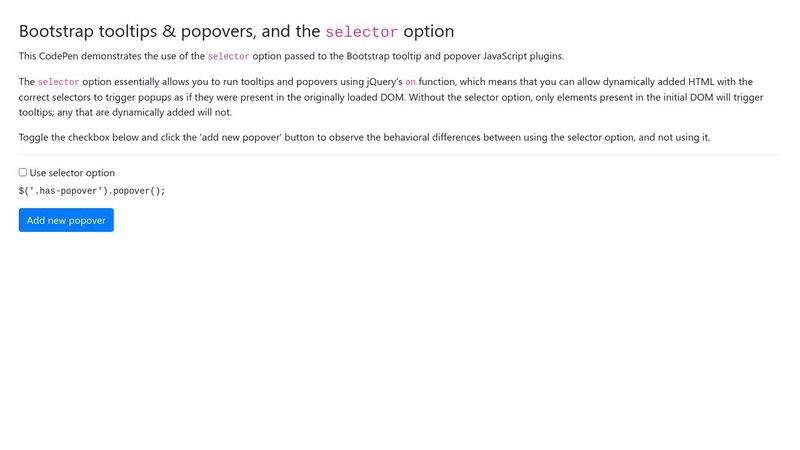 v4: Bootstrap tooltips & popovers, and the selector option