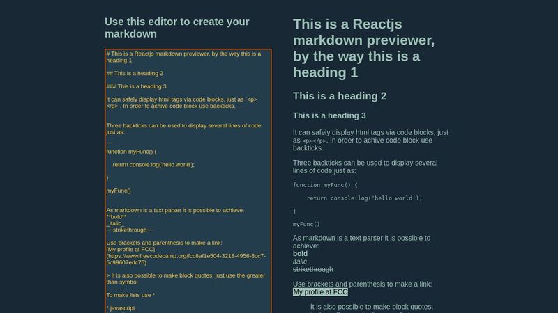 FCC Markdown previewer challenge made with Reactjs