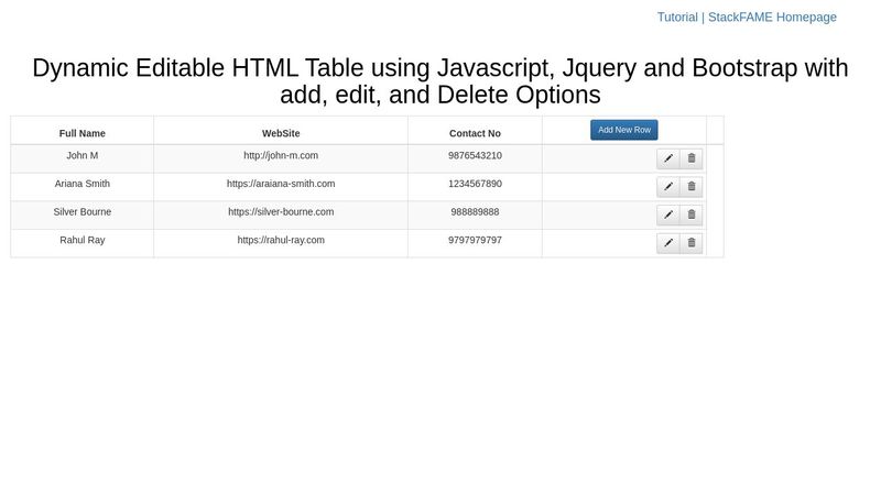 Dynamic Editable Html Table Using Javascript Jquery And Bootstrap With Add Edit And Delete