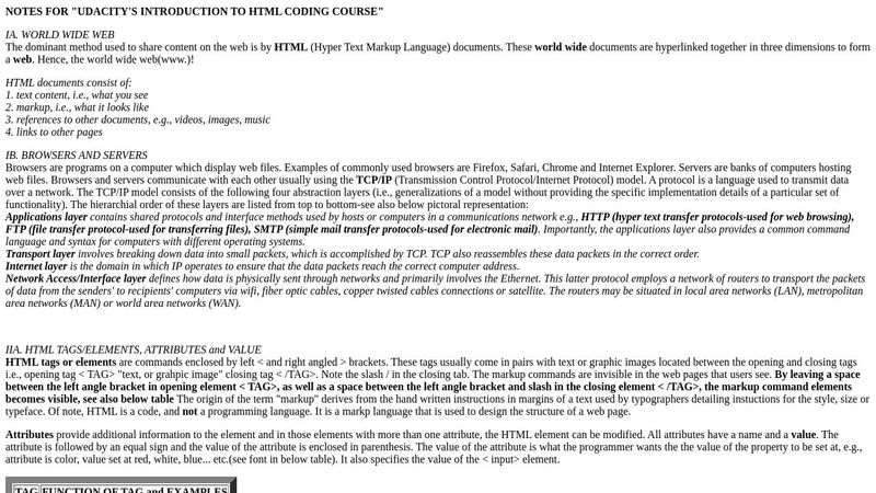 NOTES FOR "UDACITY'S INTRODUCTION TO HTML CODING COURSE"