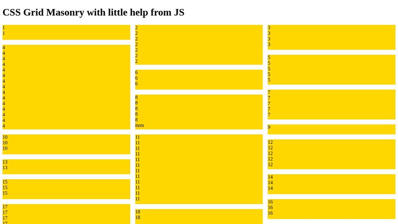 CSS Grid masonry (with little help from JS)