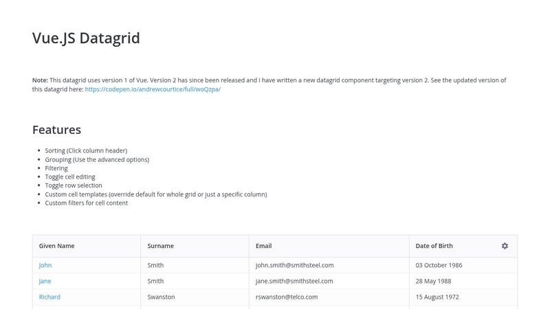 Vue.JS - Advanced Data Grid Component