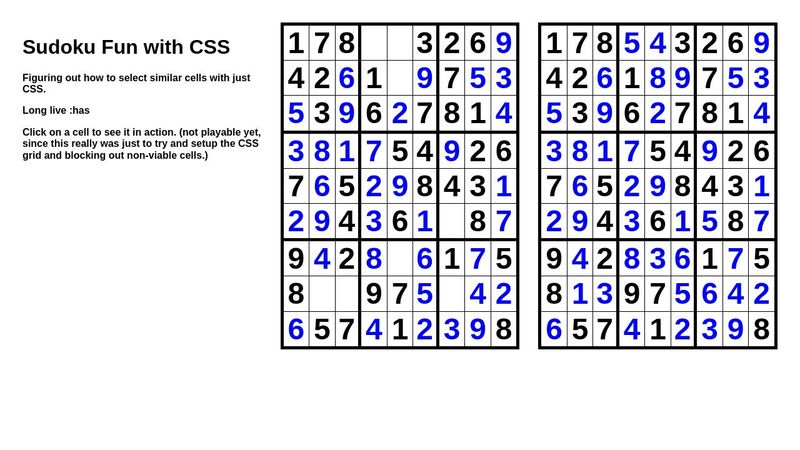 Sudoku with CSS Grid and :has experiments