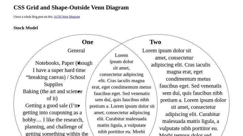 2 Circle CSS Grid and Shape-Outside Venn Diagram