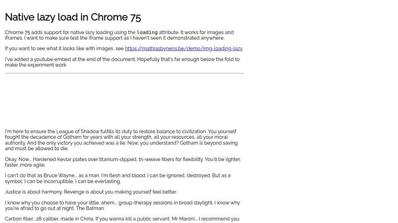 Native iframe lazy load in chrome 75
