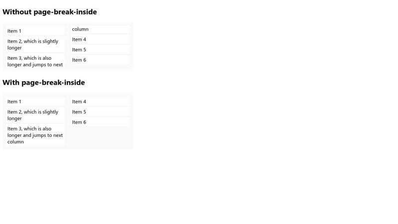 Avoid column item wrap with page-break-inside