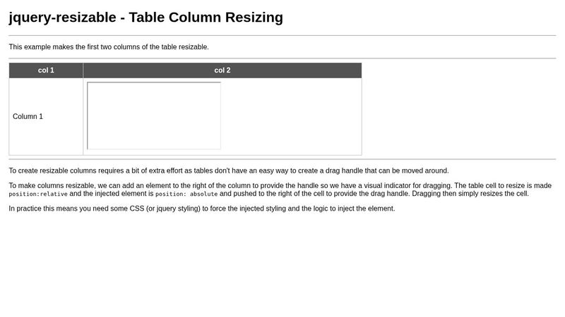 jquery-resizable - Table Column Resizing