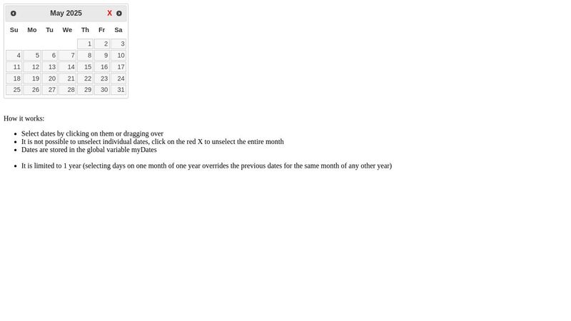 jQuery UI Calendar - Multiple dates selection by clicking or dragging
