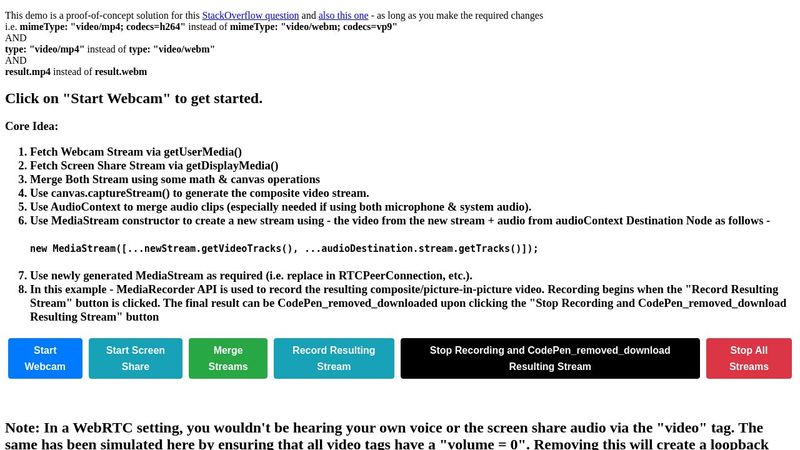 WebRTC Demo - Overlay/Picture-in-Picture with Screen Share + Webcam