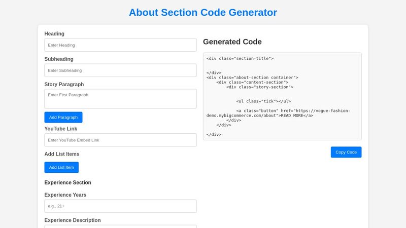 About Section - Code Generator - Vogue