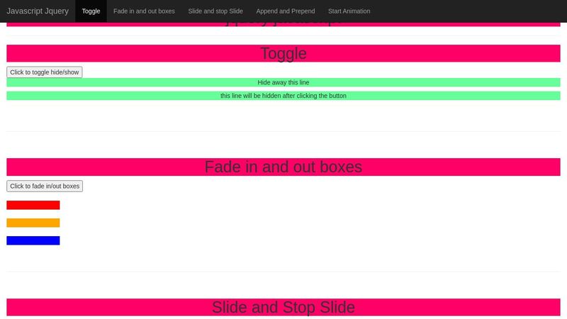 jquery selector , google cdn , hide action, toggle action, Animation , Stop Animation , callback ...