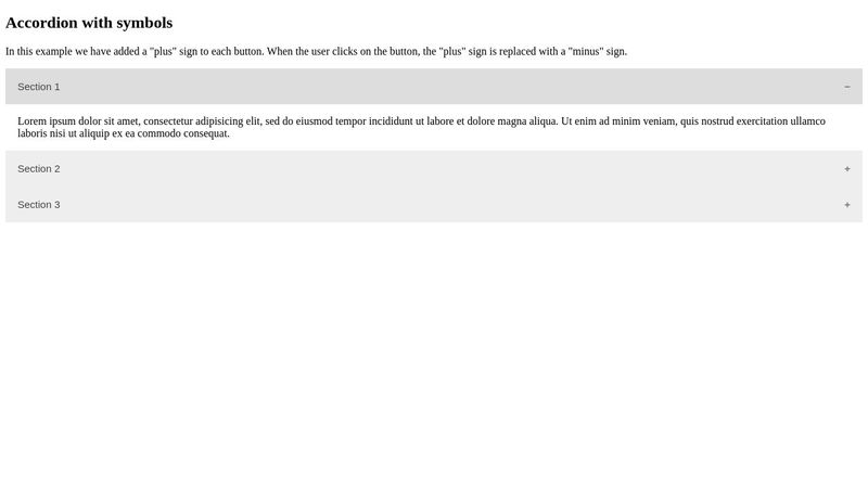 W3Schools Accordion - First accordion open and only one open at a time