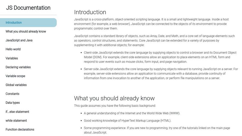 JavaScript documentation page