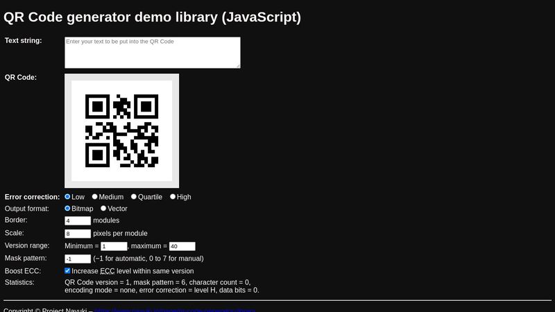 Testing Out Nayuki's MIT-licensed QR Code Generator