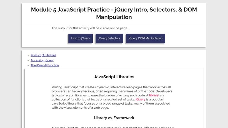 Module 5 Coding Activity - jQuery Intro, Selectors, & DOM Manipulation - STARTER - PLEASE FORK