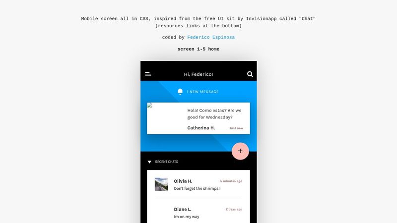 Mobile screen all in CSS - screen 1-5 Home - inspired from invisionapp