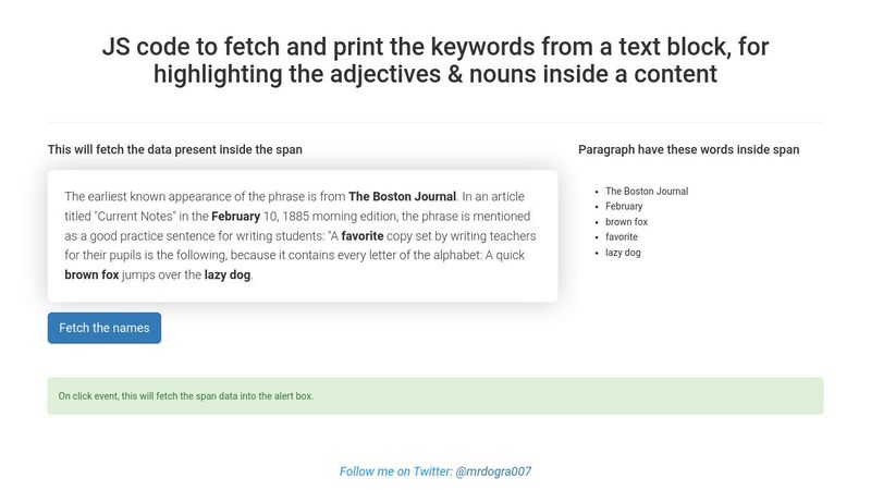 JS code to fetch and print the keywords from a text block, for ...