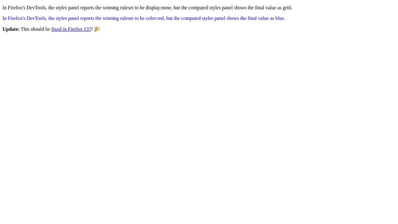 [Firefox bug] DevTools shows incorrect applied CSS in Styles panel when using layers and !important